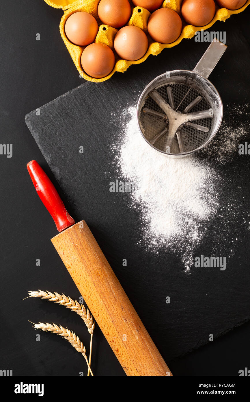 Food preparation concept over head shot kitchen tools for Kneading ...