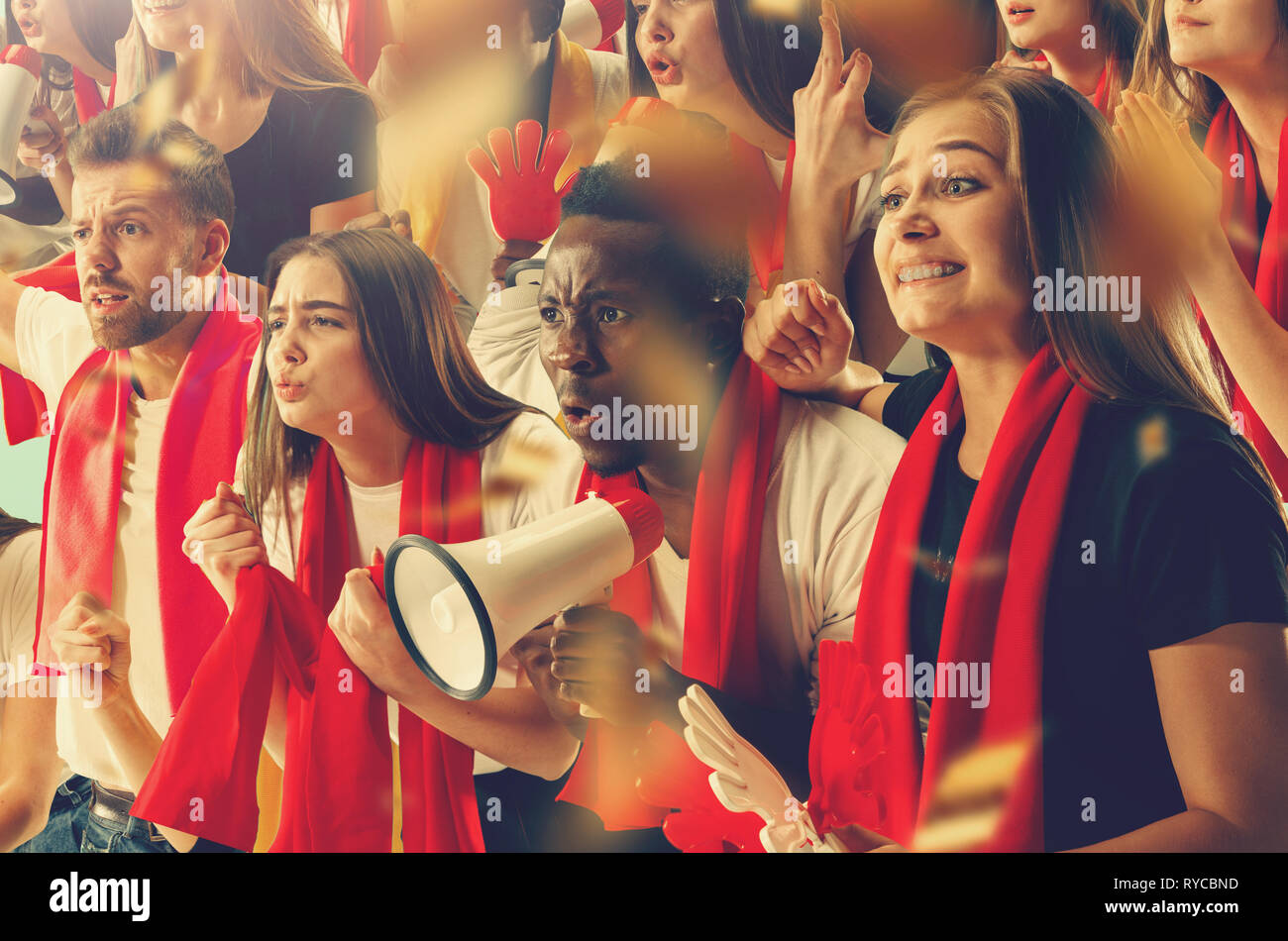 Group of happy fans are cheering for their team victory. Collage made ...