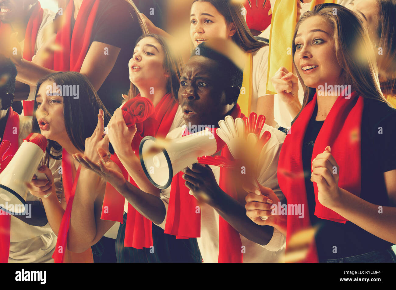 Group of happy fans are cheering for their team victory. Collage made ...
