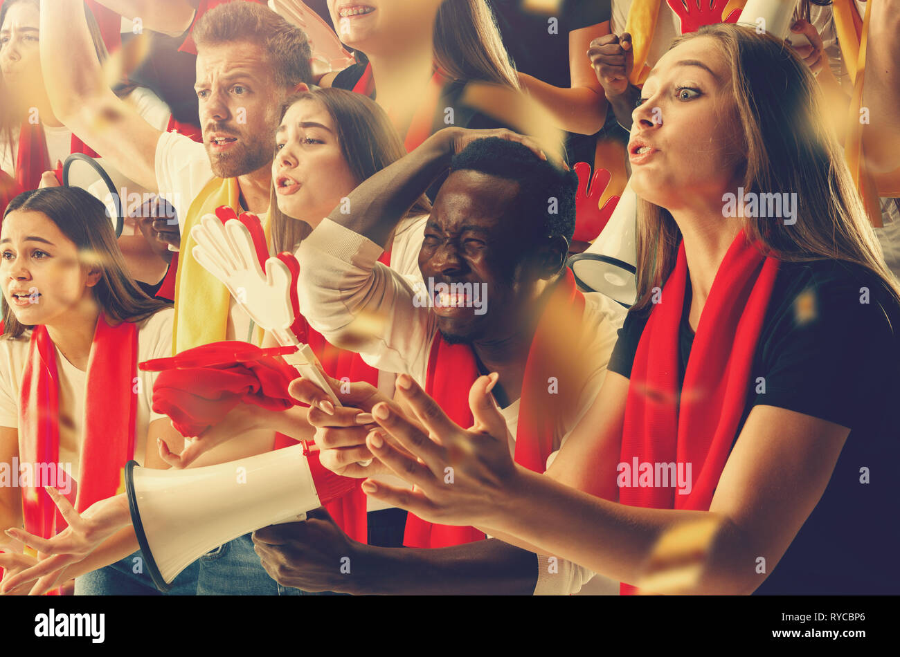 Group of happy fans are cheering for their team victory. Collage made ...