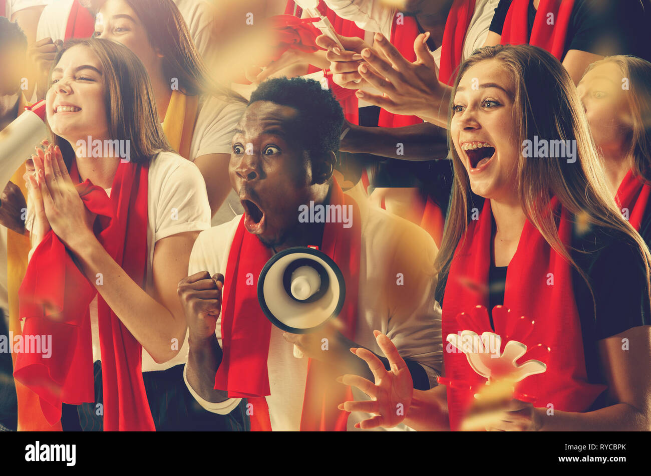 Group of happy fans are cheering for their team victory. Collage made ...