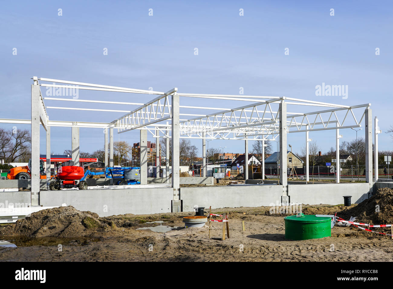 skeleton of metal building under construction, industrial object Stock ...