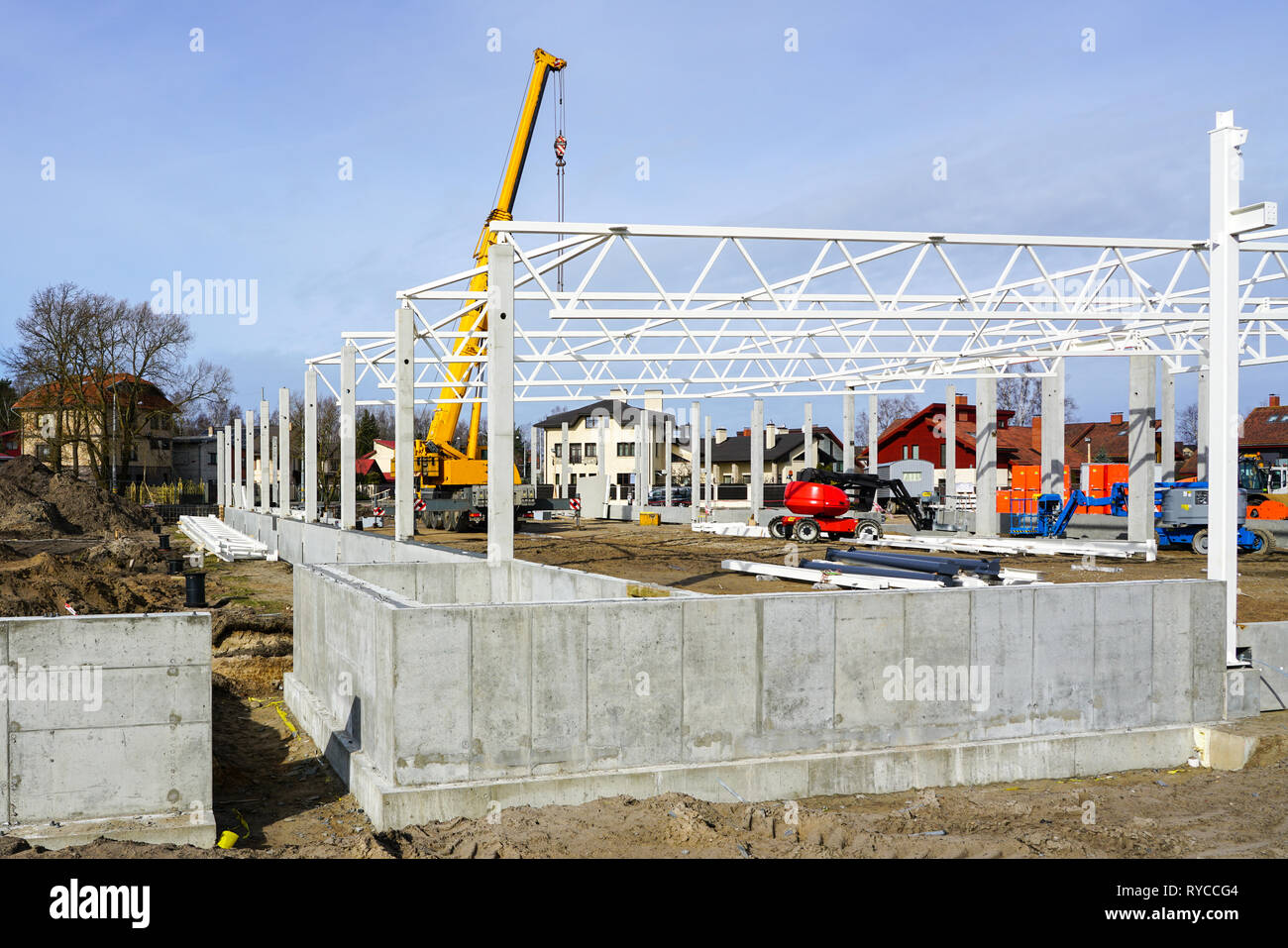 skeleton of metal building under construction, industrial object Stock ...