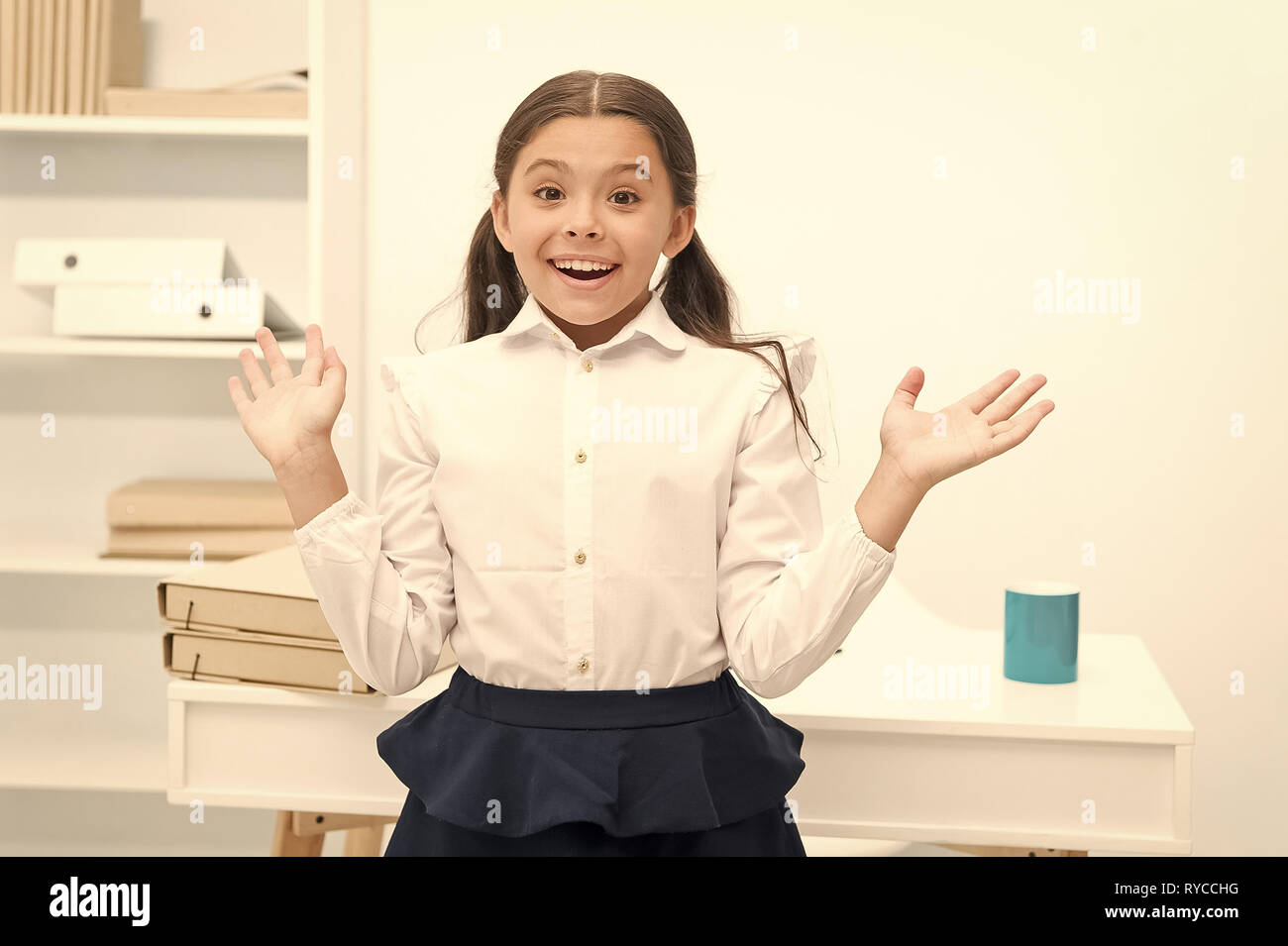 Idea concept. Happy girl got bright idea. Little child smile excited ...