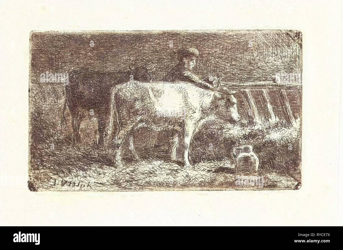 Farmer between two cows in a manger in a stable (small version), Jan ...