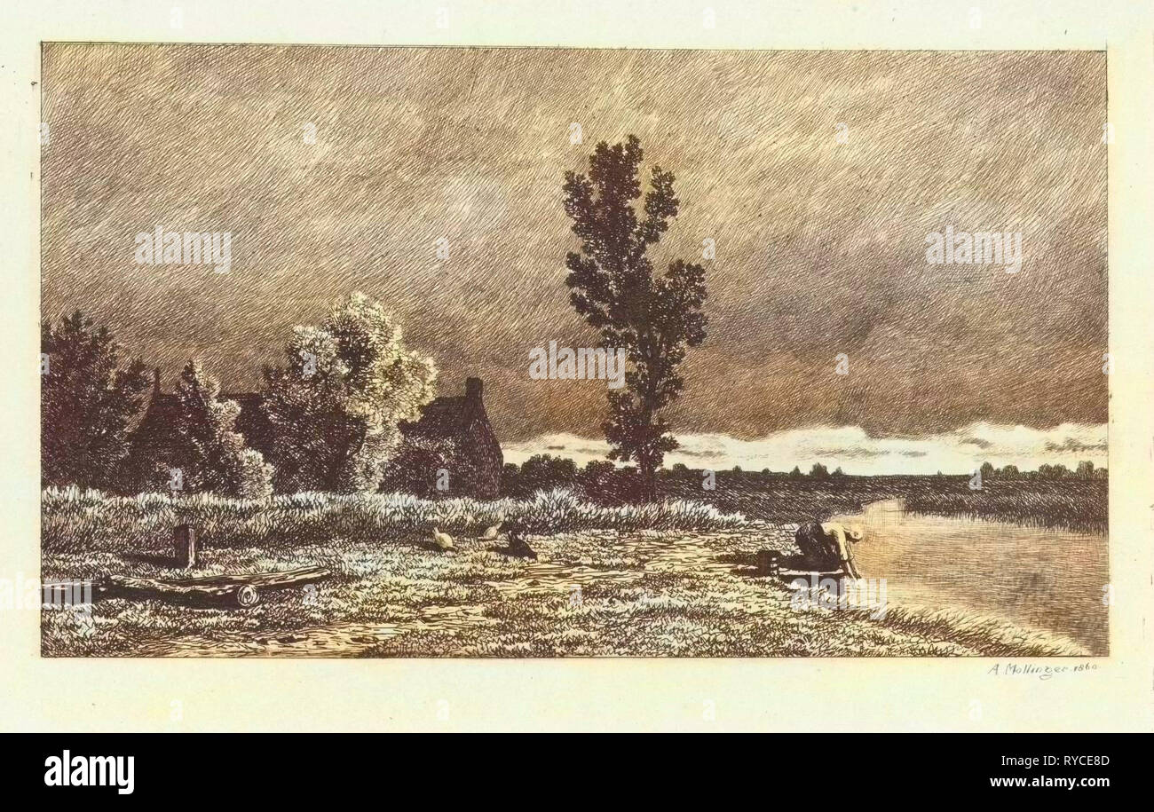 Landscape with a woman who does the laundry, print maker: Alexander ...