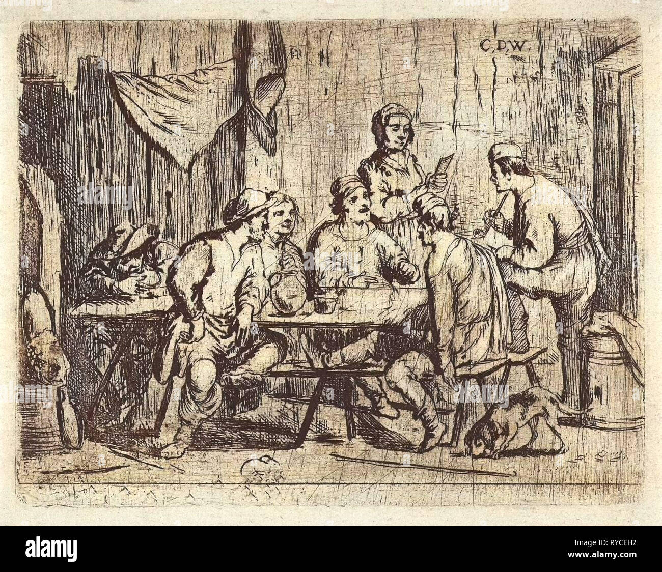 Six farmers and innkeeper in inn, print maker: Cornelis de Wael, 1630 ...