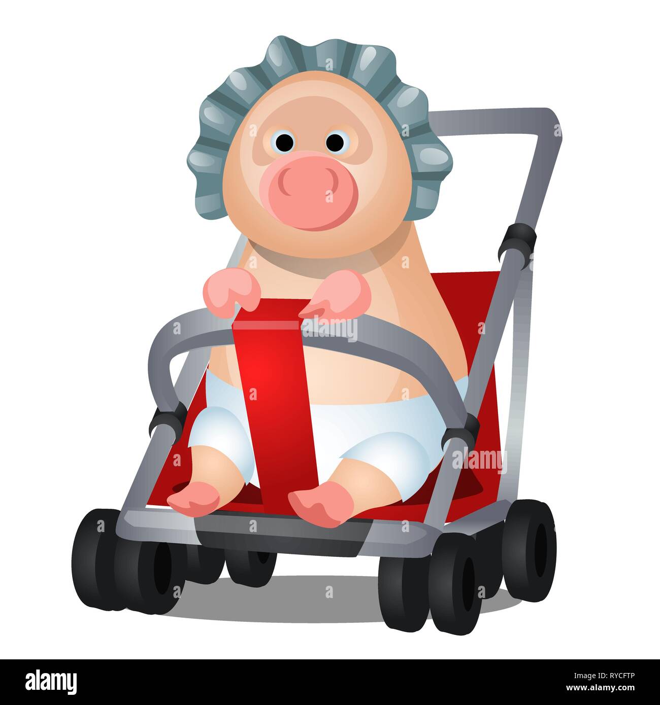 Funny animated pig in the pram isolated on white background. Vector ...