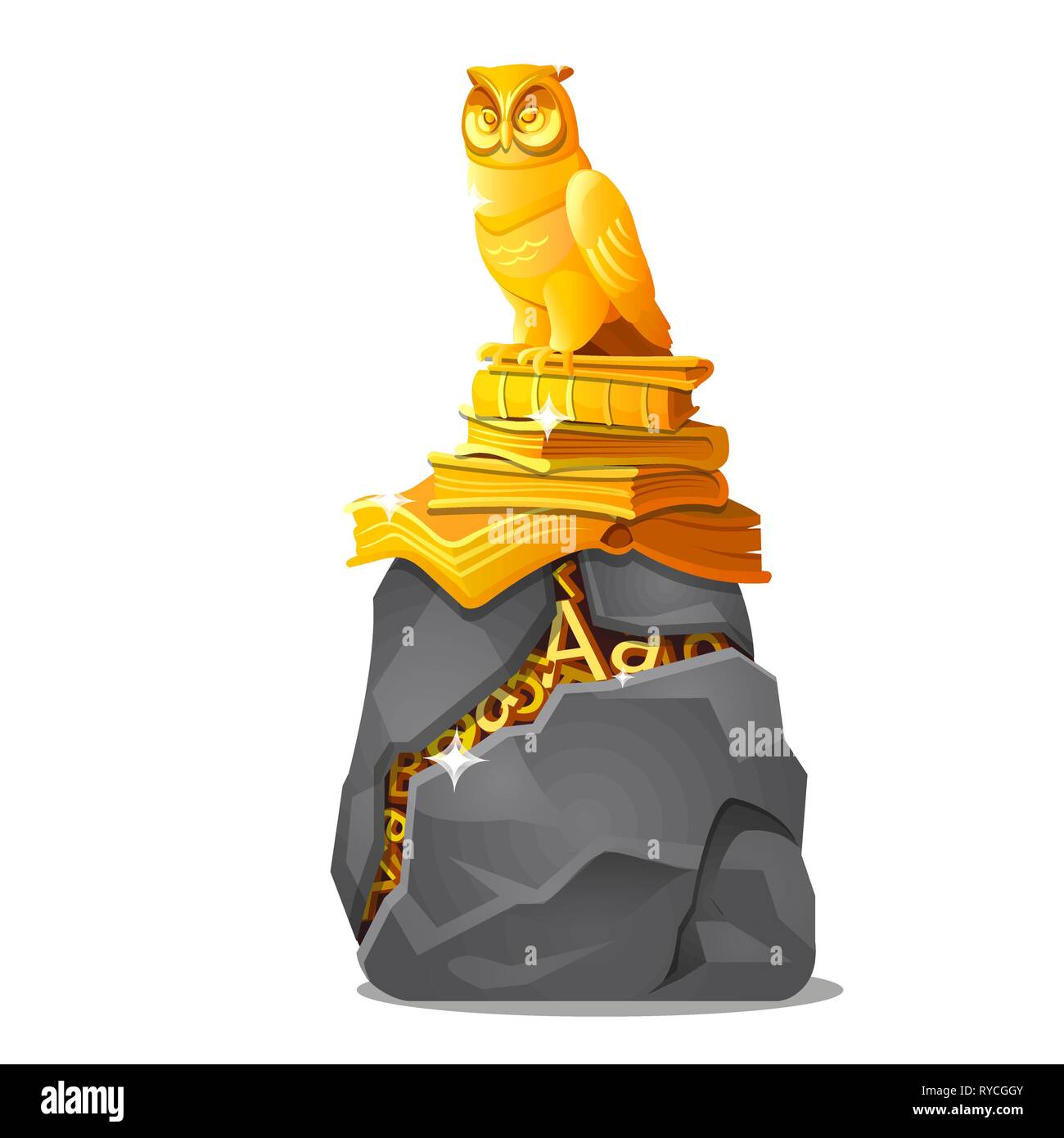 Golden owl statue on books and cracked stone with letters made of gold ...