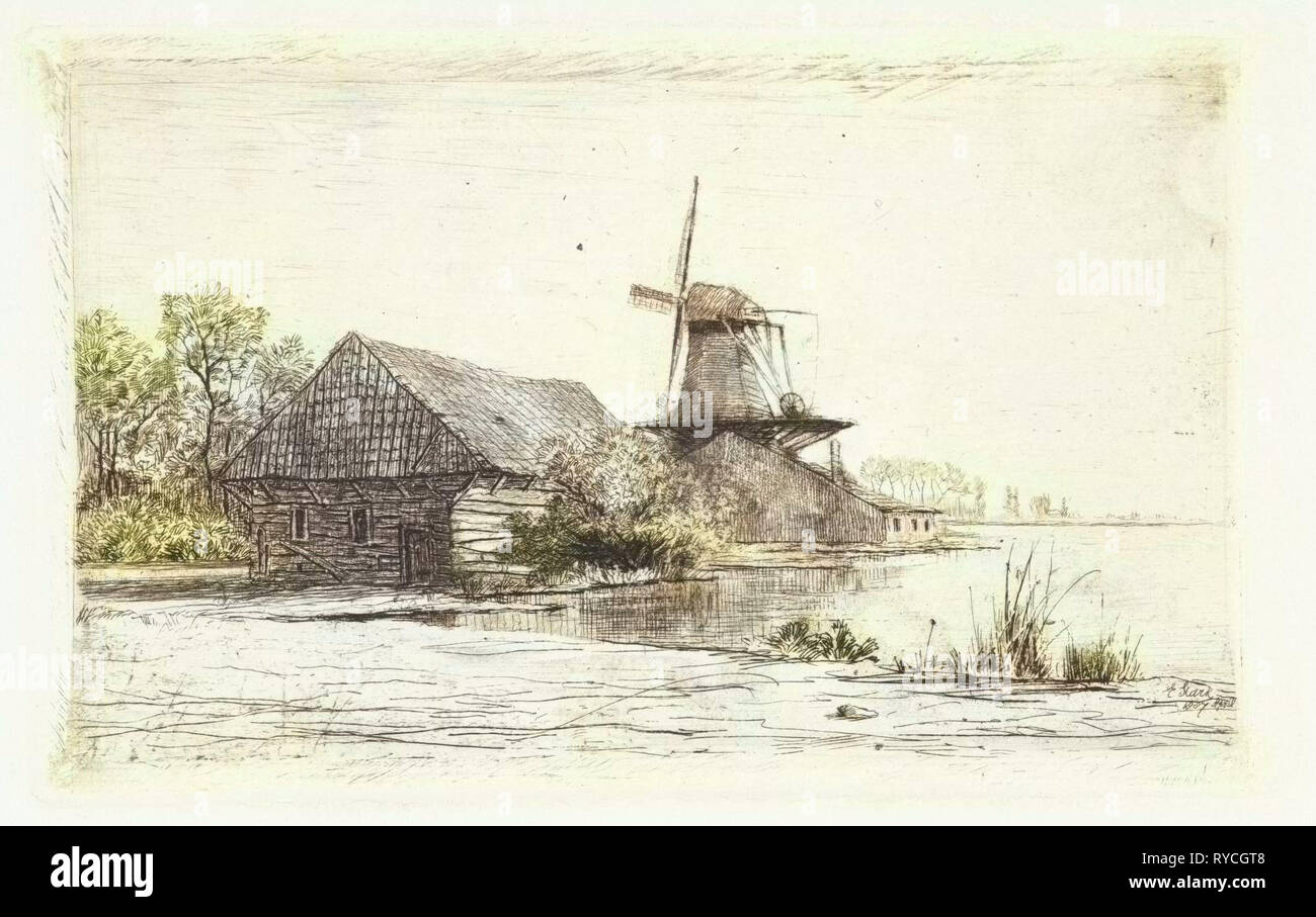 Barn and windmill on the water, Elias Stark, 1887 Stock Photo - Alamy
