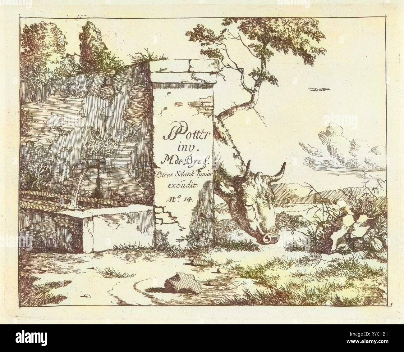 Grazing cattle behind wall, Marcus de Bye, Pieter Schenk (II), 1728 ...
