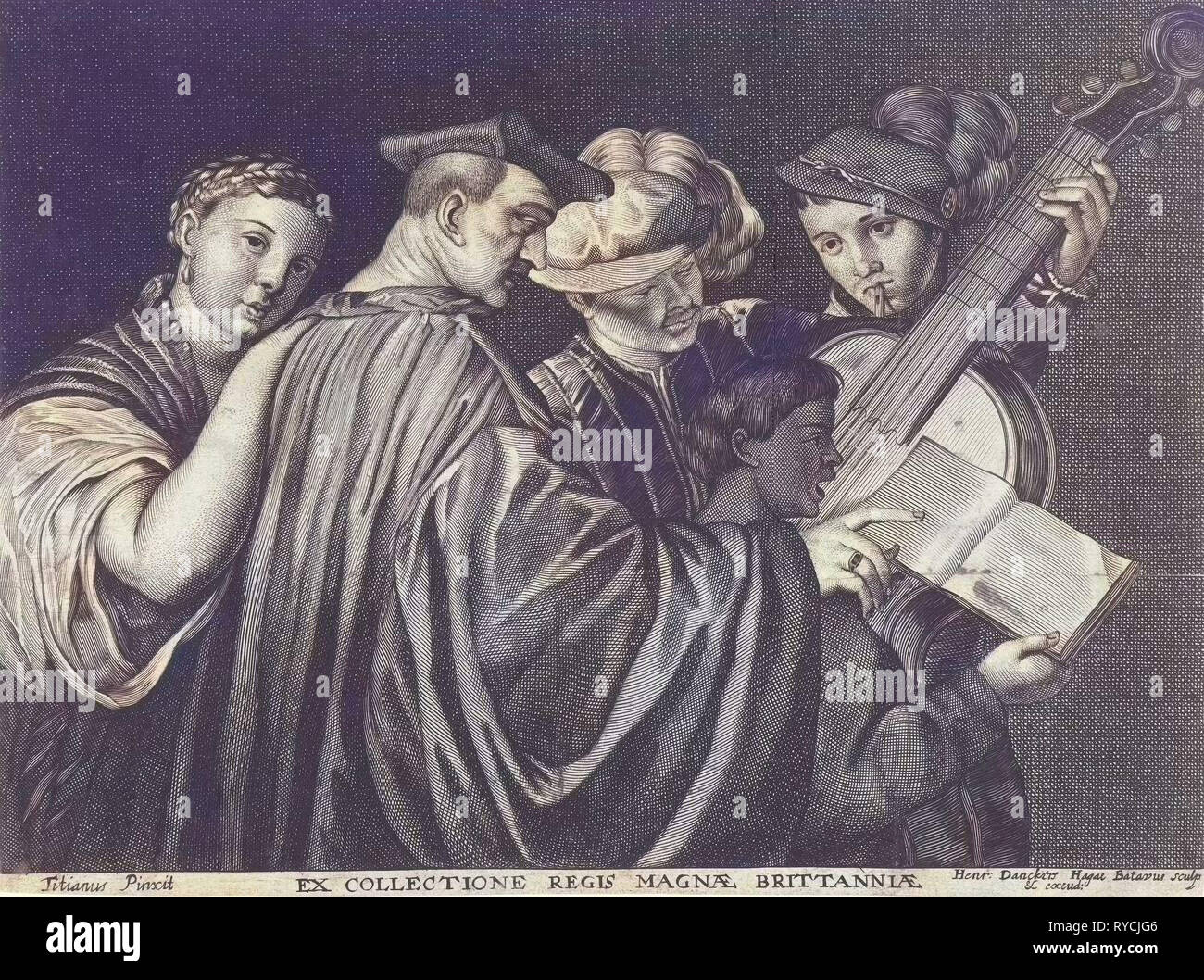 Three men, woman and boy singing and playing musical instruments ...