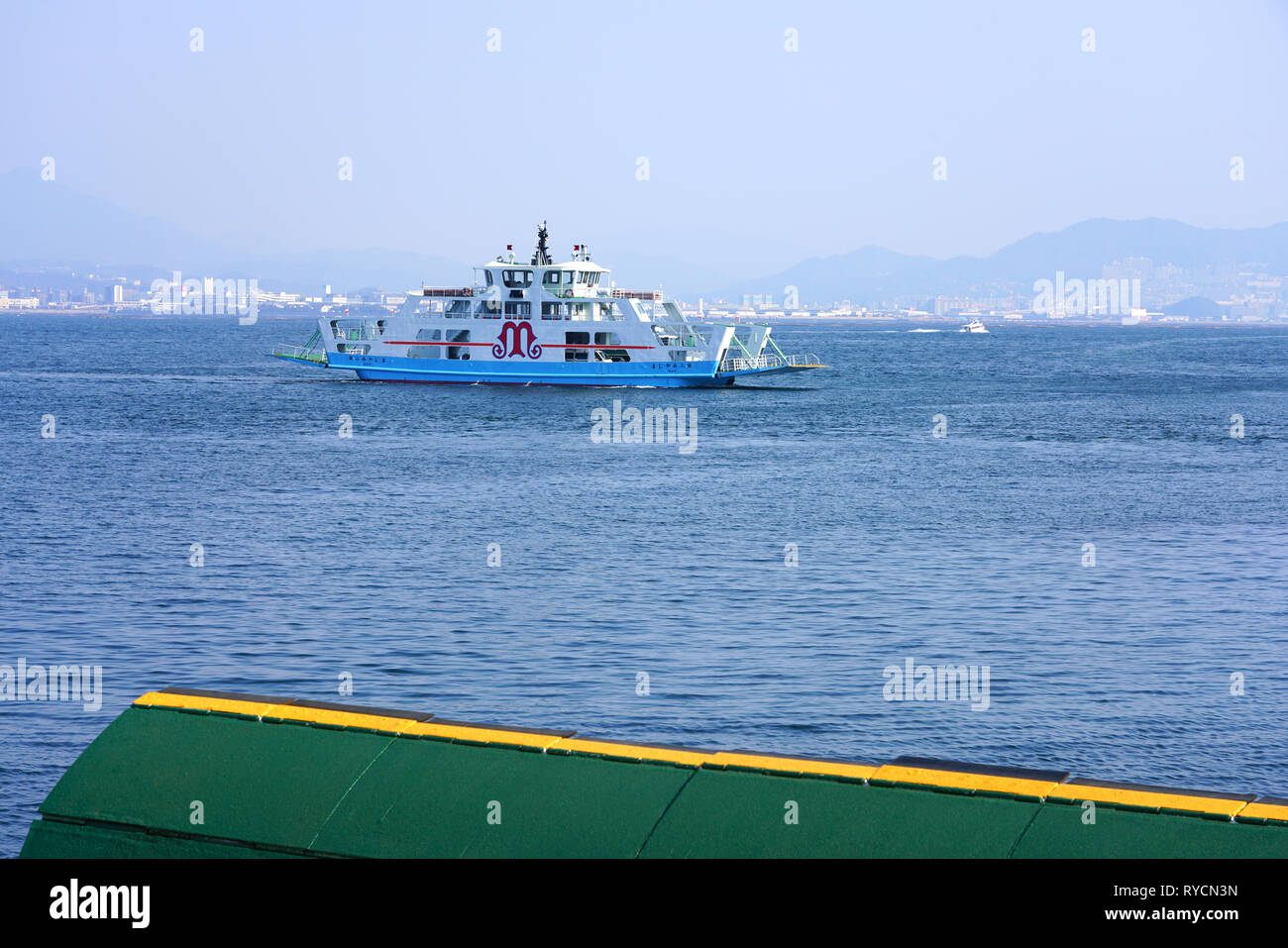 MIYAJIMA, JAPAN -26 FEB 2019- View of a ferry transporting visitors to ...