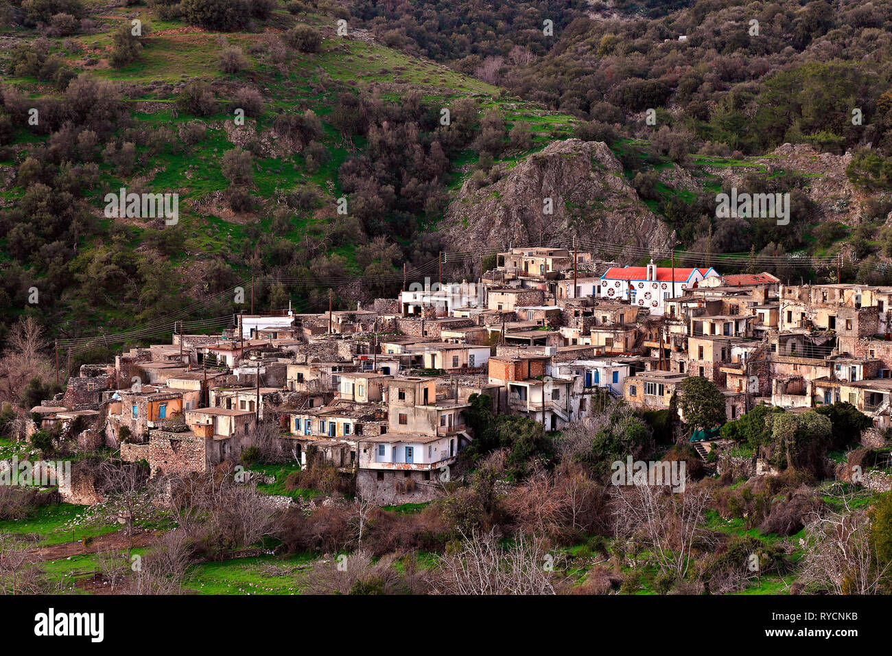 Panoramic view of Kalami, a "ghost village" in Viannos county, Crete ...
