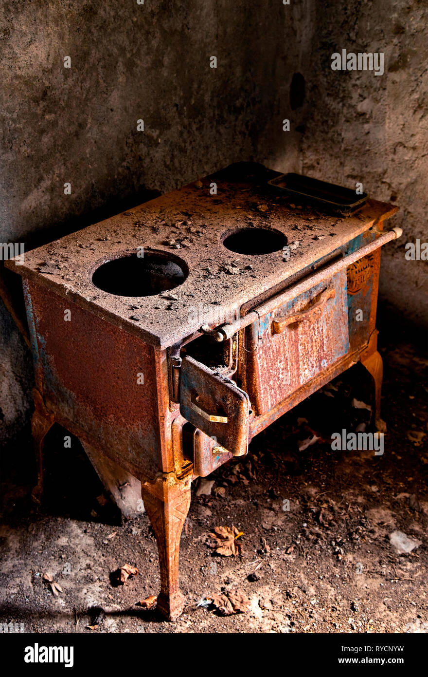 Old stove in an abandoned house in Kalami, a "ghost village" in Viannos ...
