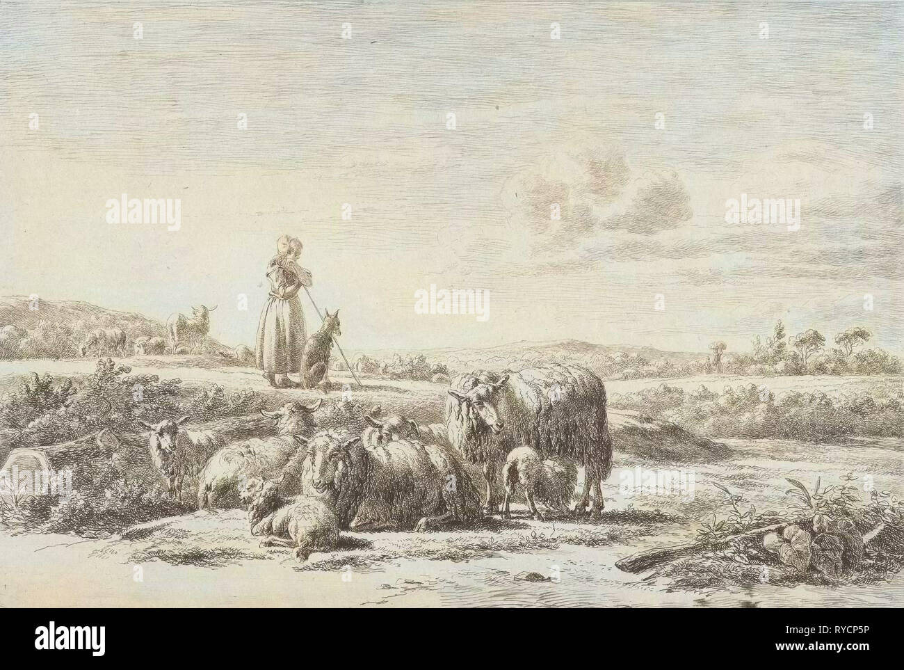 Landscape with shepherd dog with sheep herd, Simon van den Berg, 1822 ...