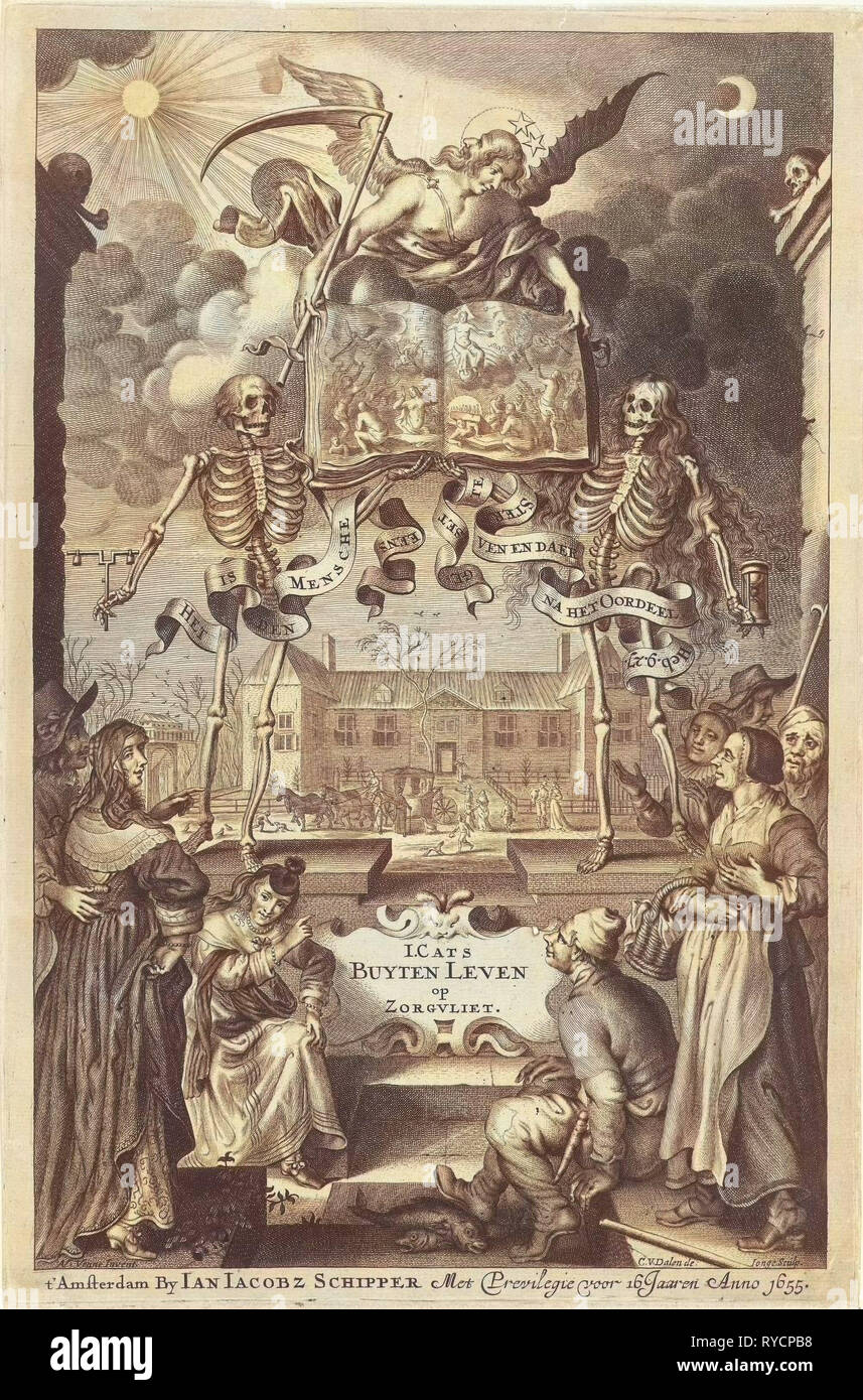 City People and peasants watching two skeletons and angel with book ...