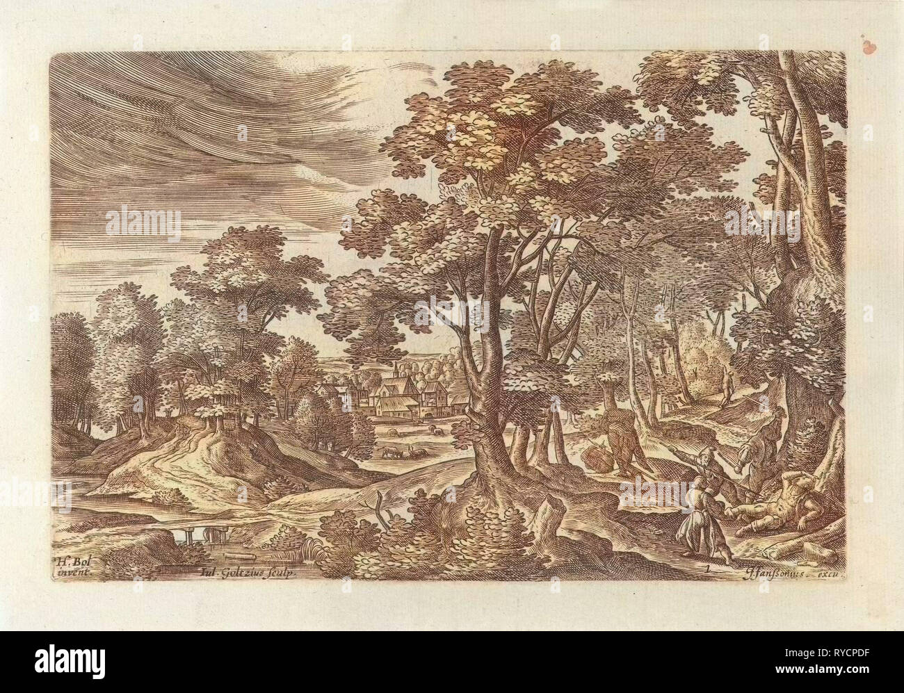 Landscape with robbery of the traveler, Julius Goltzius, J. Janssonius ...