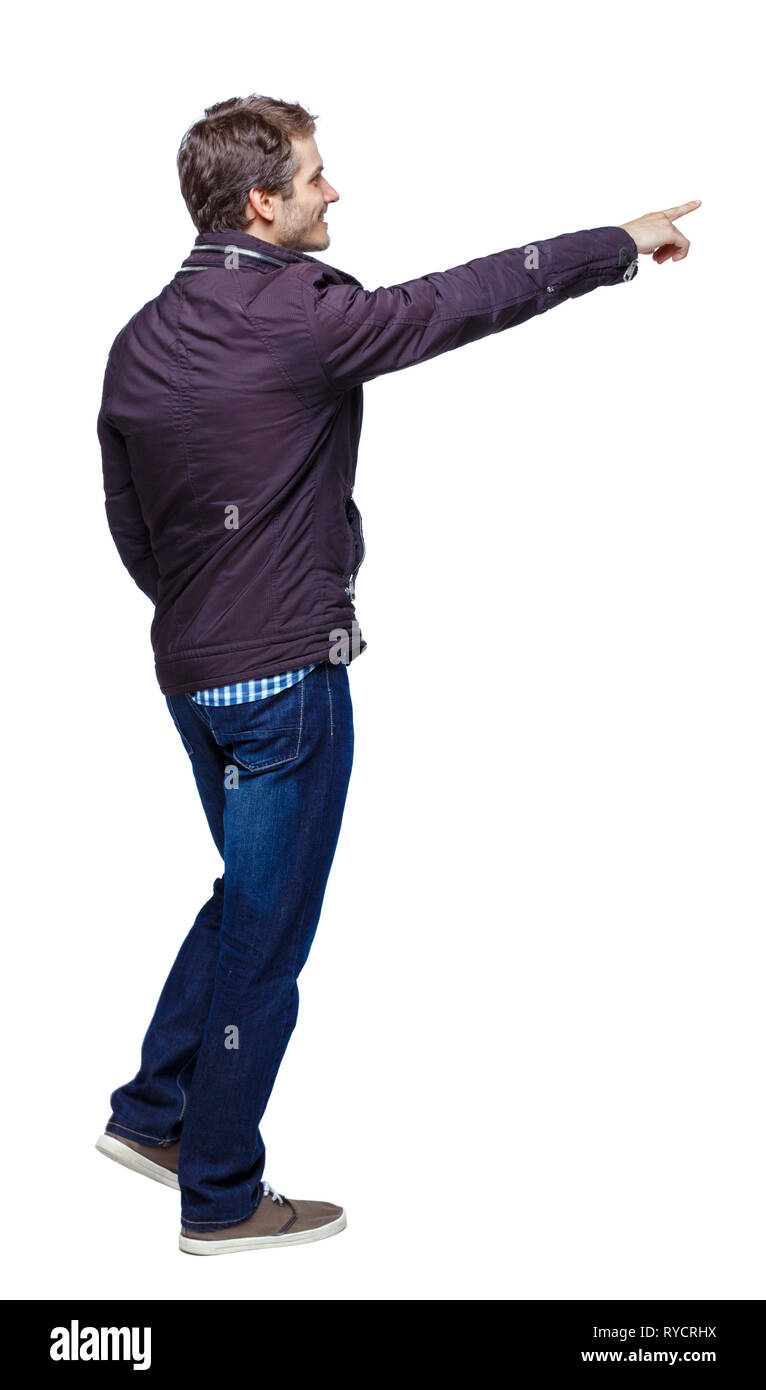 Back view of a man walking with a pointing hand. going guy showing ...