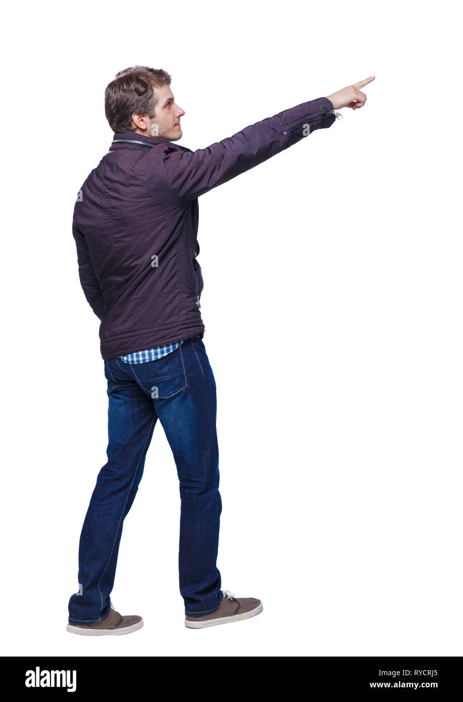 Back view of a man walking with a pointing hand. going guy showing ...