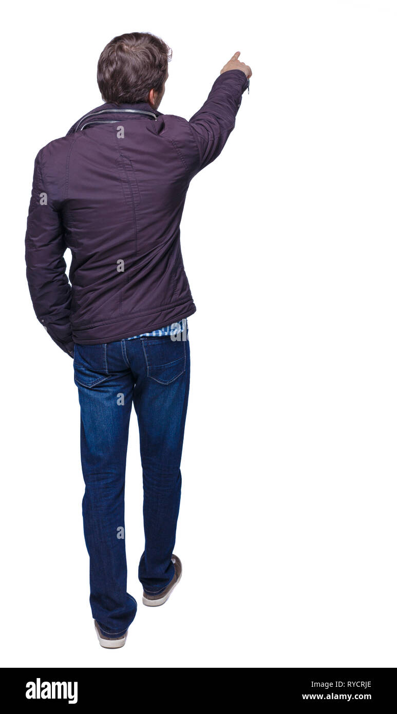 Back view of a man walking with a pointing hand. going guy showing ...