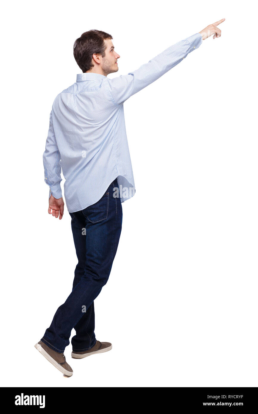 Back view of a man walking with a pointing hand. going guy showing ...
