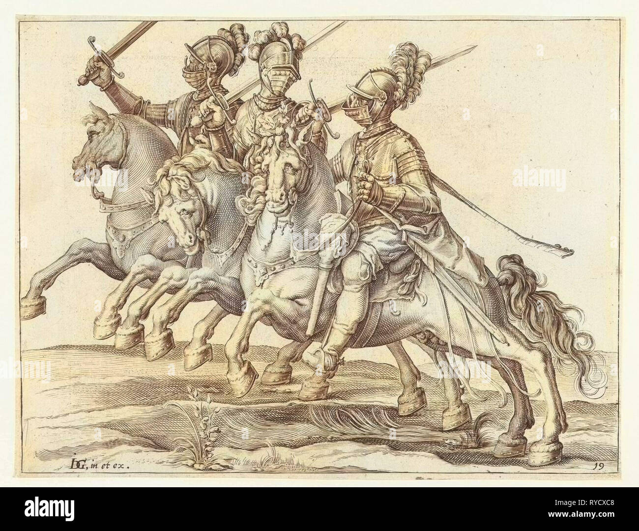 Three riders with raised swords, turned to the right, Jacob de Gheyn ...