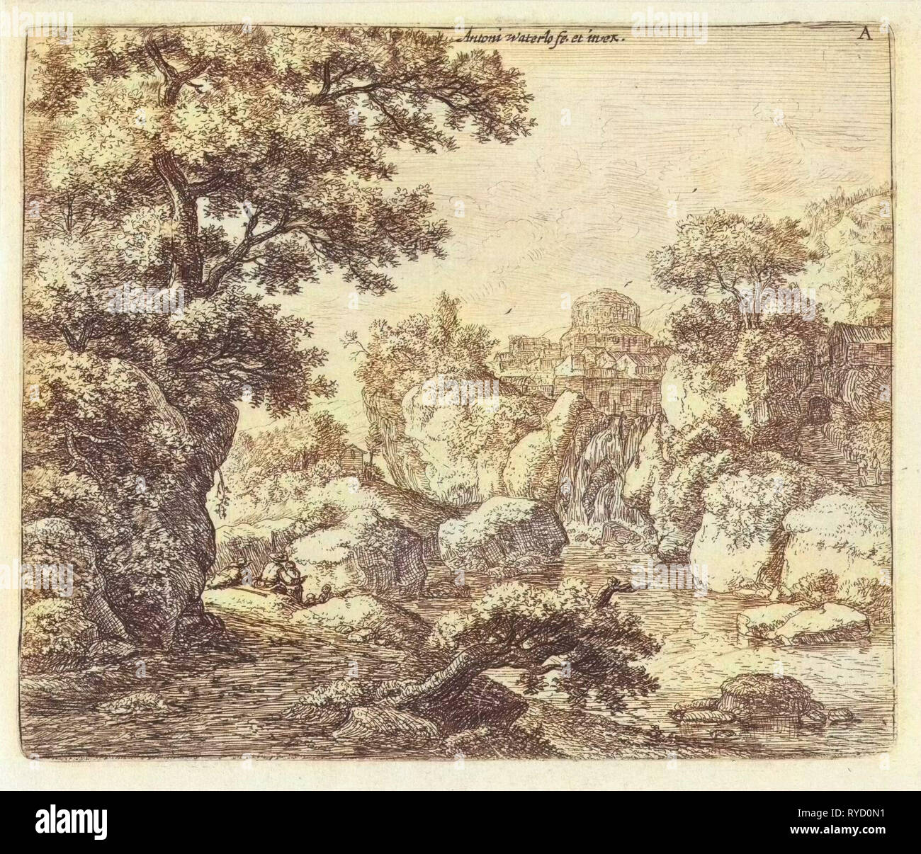 Cityscape with a waterfall, Anthonie Waterloo, 1630 - 1663 Stock Photo ...