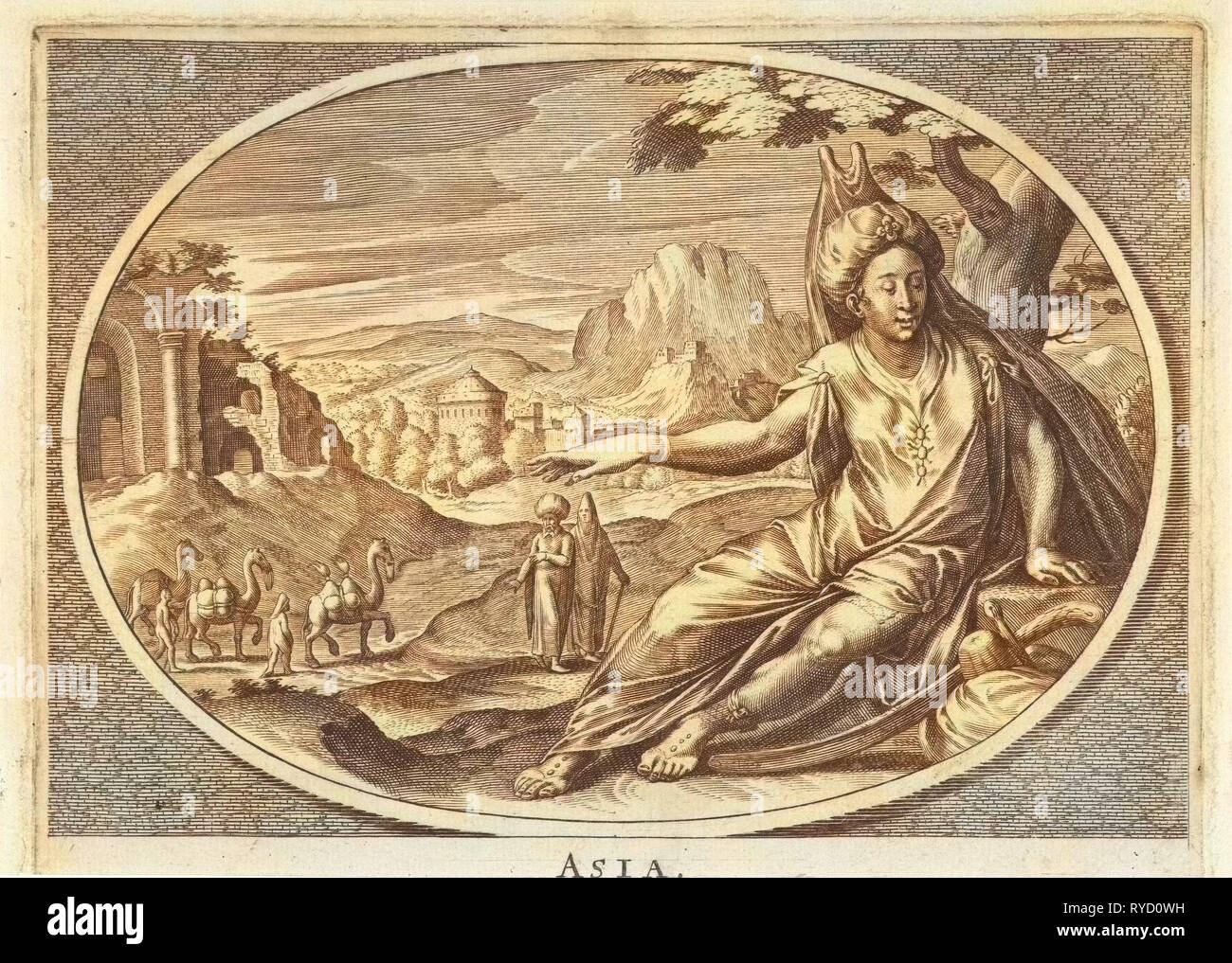 Female personification of continent of Asia as a woman with turban and ...