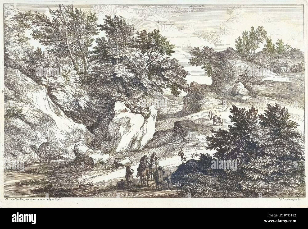 Landscape with two riders who ask the way, Adriaen Frans Boudewyns ...