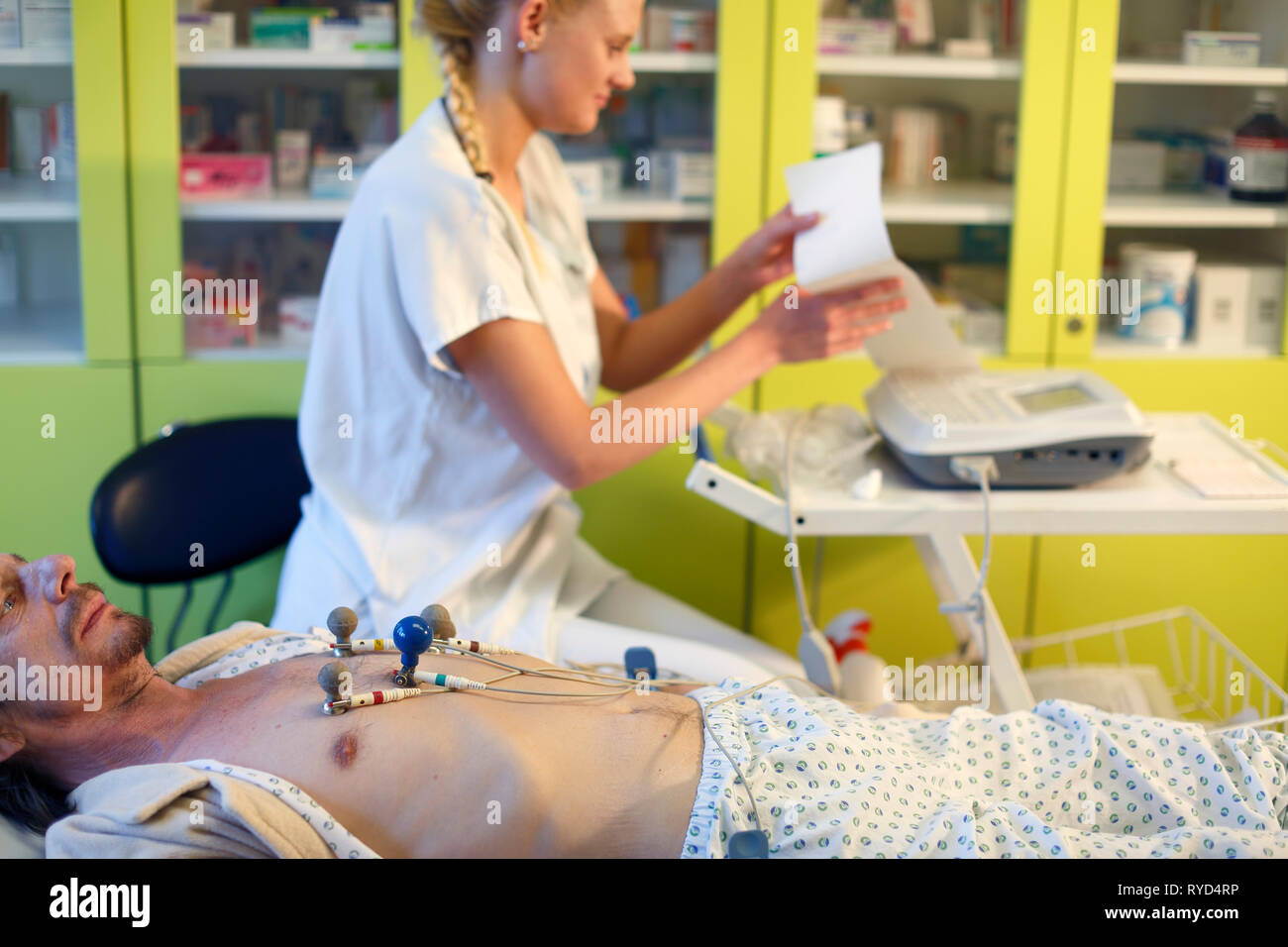 man during ECG examination in hospital, Karlovy Vary, Czech Republic ...