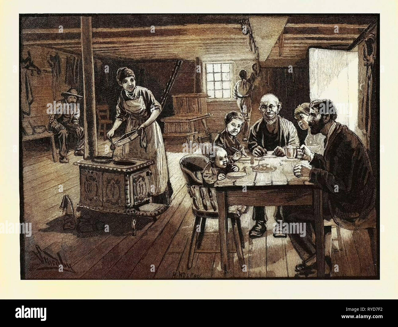 Interior of a Settler's Cabin, Canada, Nineteenth Century Engraving ...