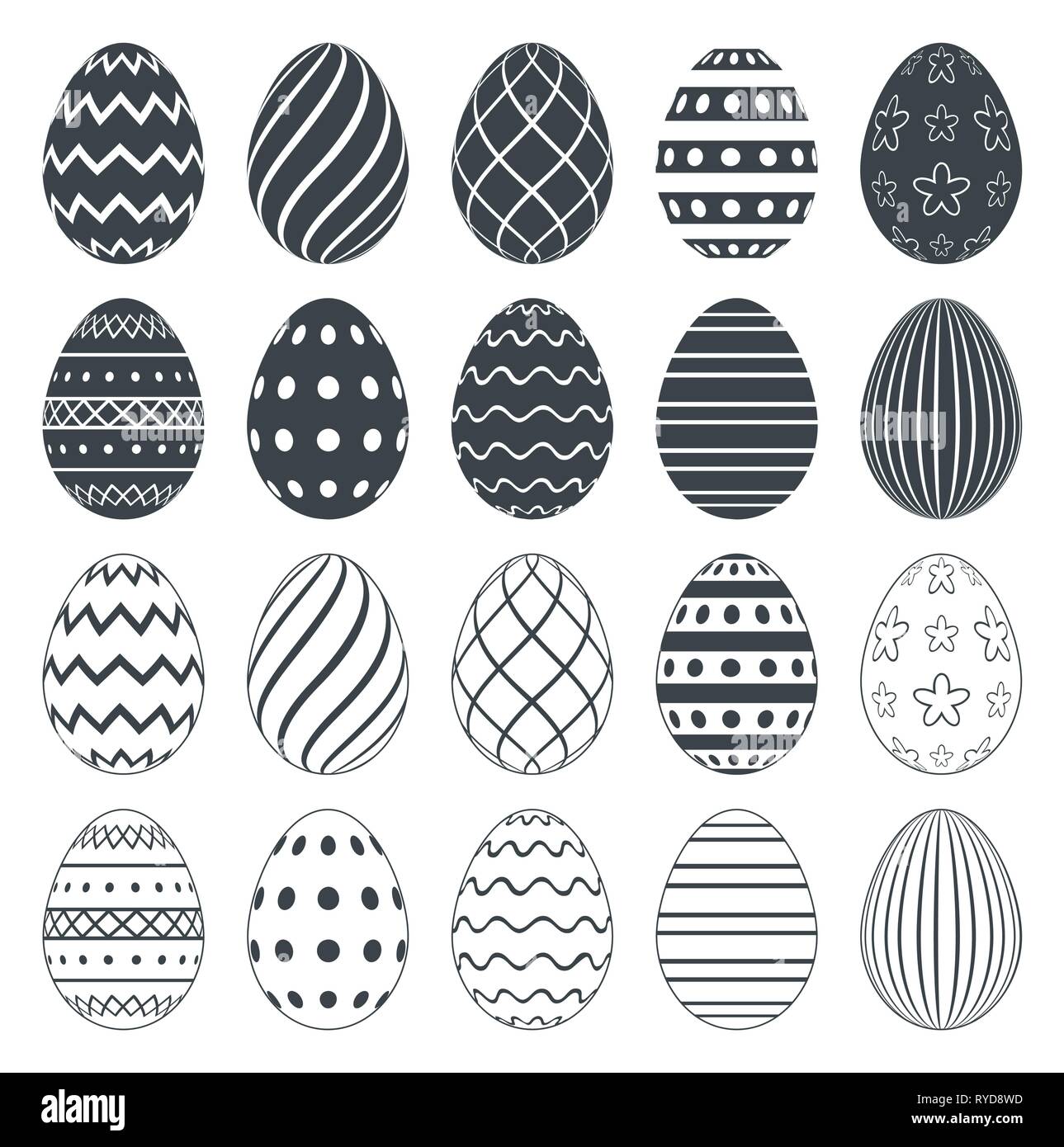 Easter eggs for coloring book. Set of black and white easter eggs ...