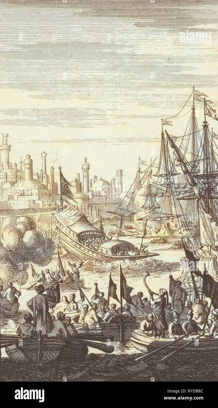 Turkish galley is launched, Jan Luyken, Charles Angot, 1689 Stock Photo ...