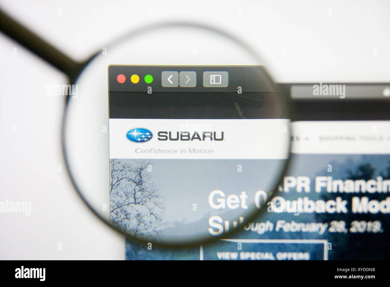 Los Angeles, California, USA - 14 February 2019: Subaru website homepage. Subaru logo visible on ...