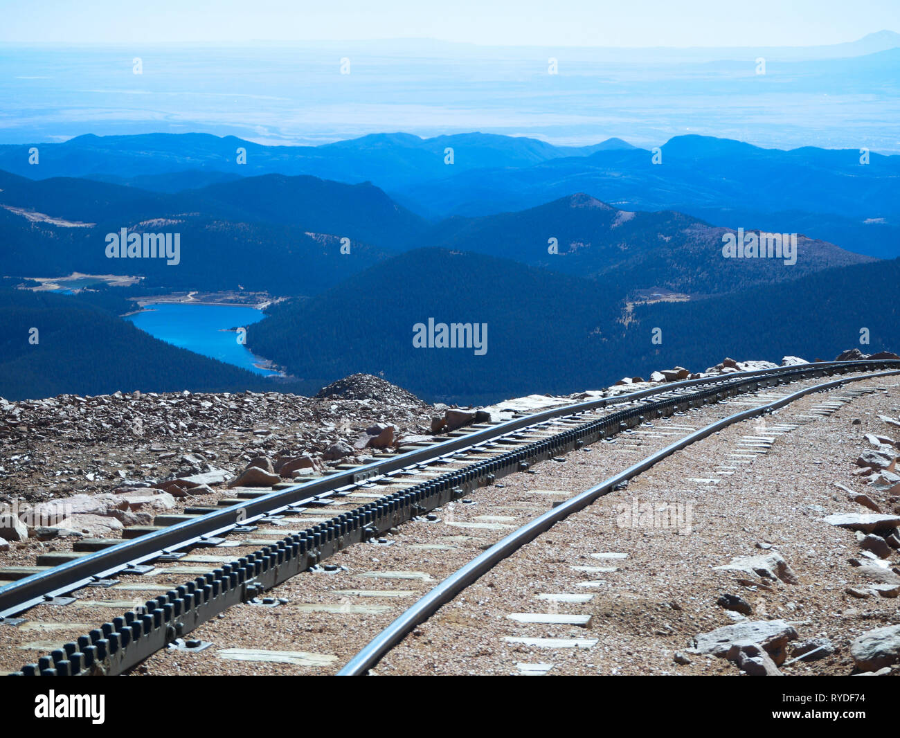Railroad tracks at the top of Pike's Peak overlooking the surrounding ...