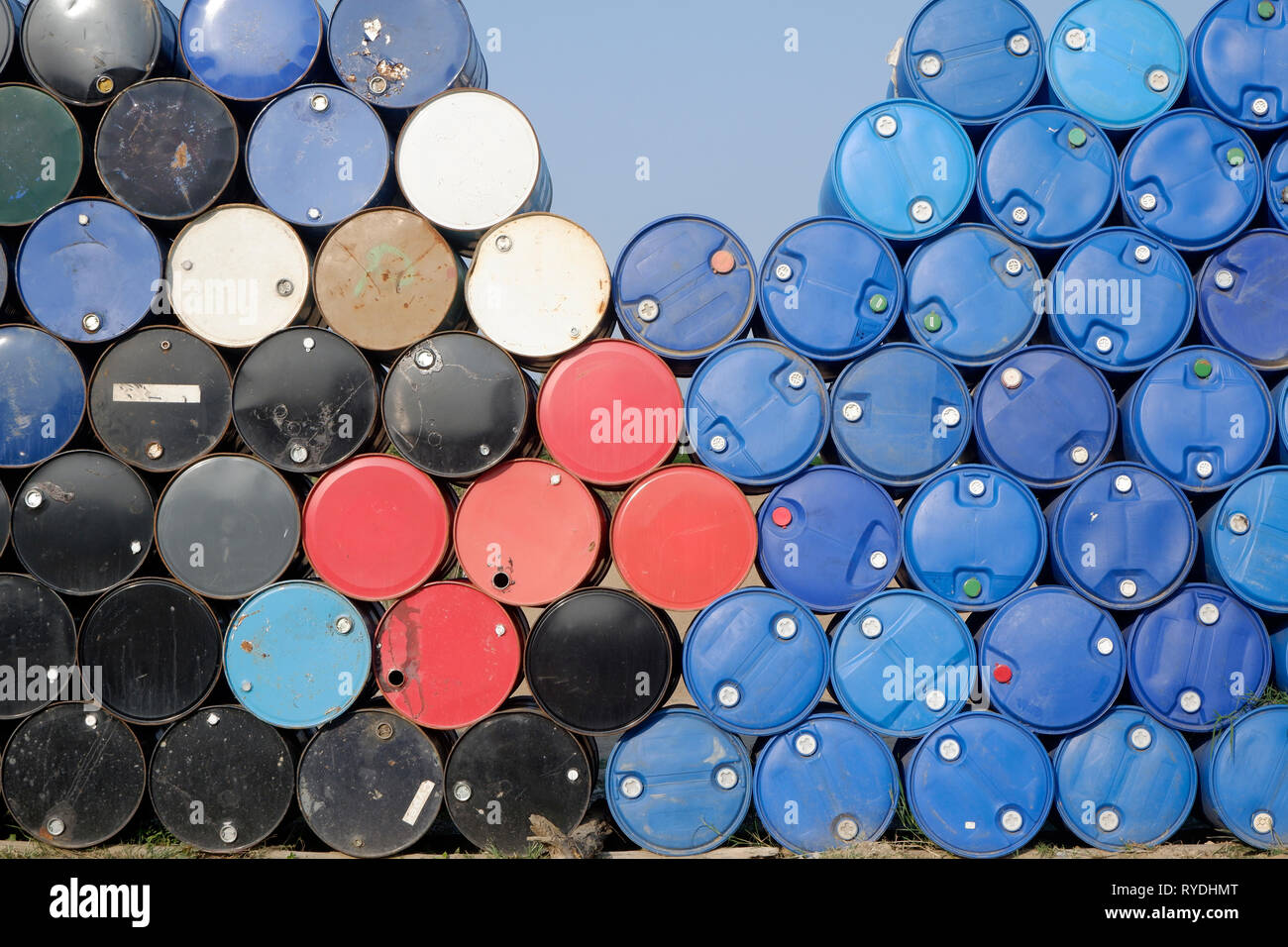 stack of grunge oil tank barrel background- image Stock Photo - Alamy