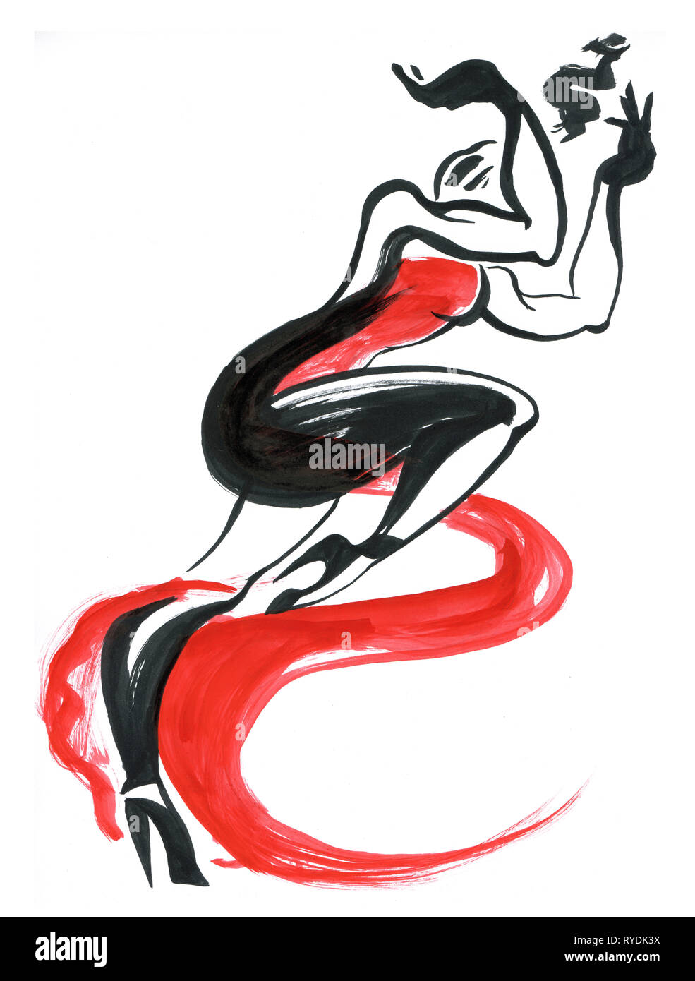 Flamenco. Beautiful Dancing Woman. Watercolor latin dancer. Ink hand ...