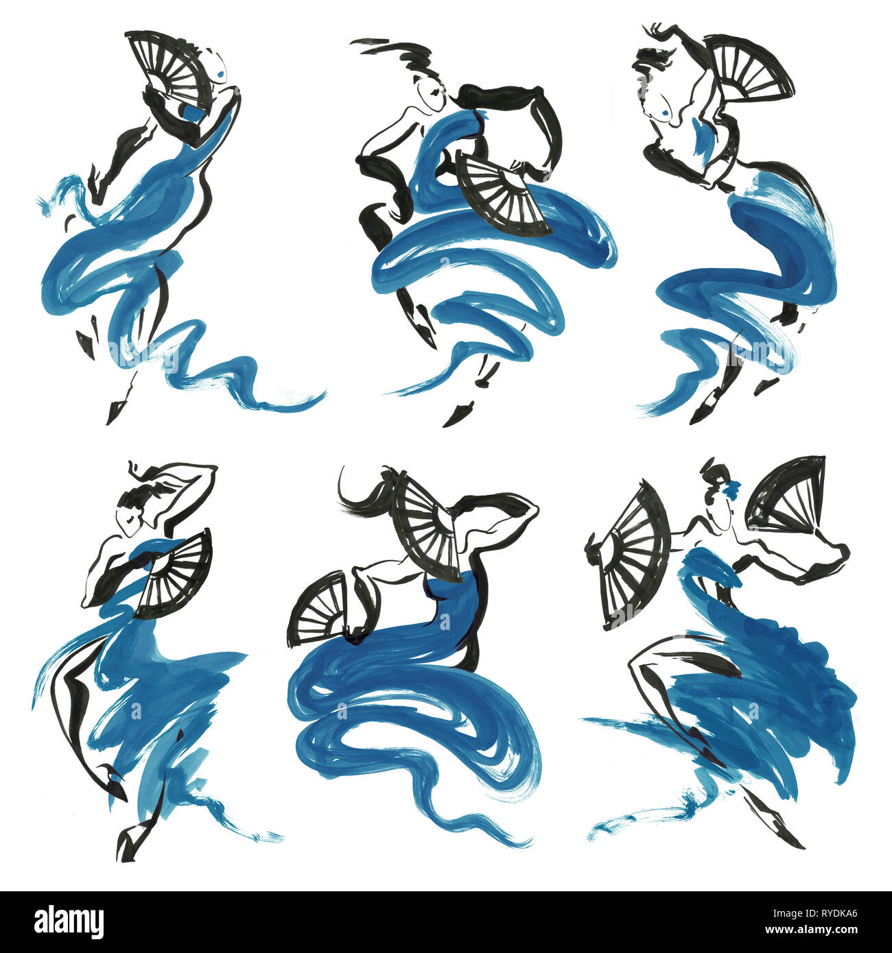 Flamenco. Beautiful Dancing Woman. Watercolor latin dancer. Ink hand ...