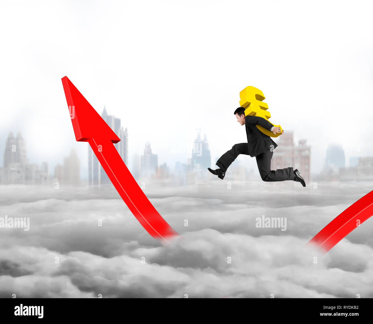Man carrying golden Euro sign running on growing red arrow graph, on ...