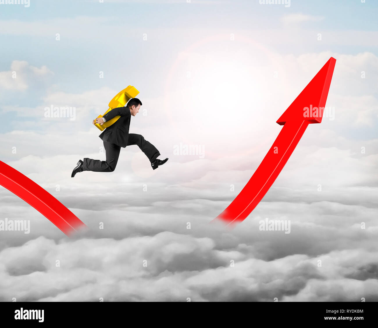 Man carrying golden dollar sign running on growing red arrow graph, on ...