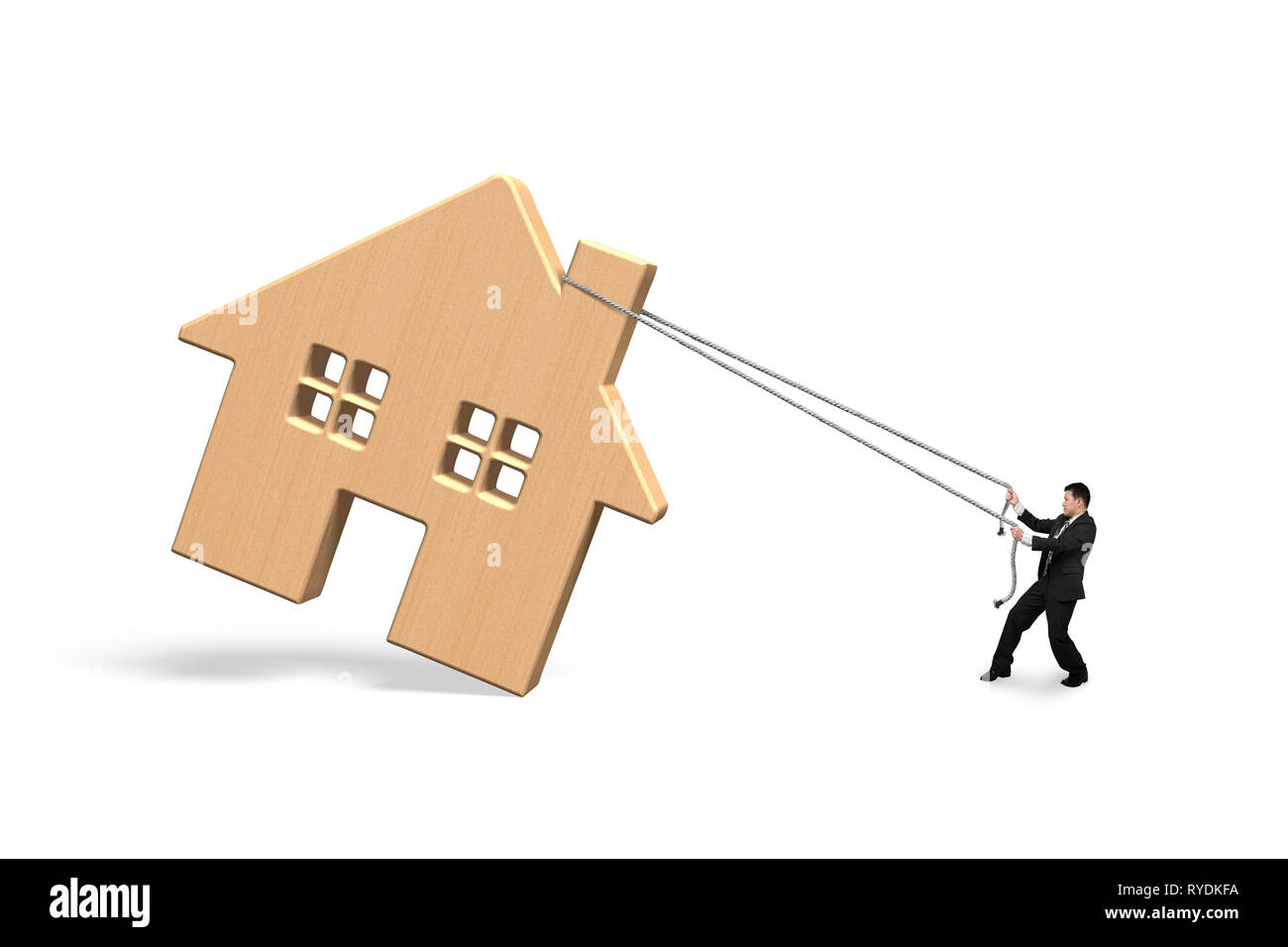 Man pulling rope to move wooden house, isolated on white Stock Photo ...