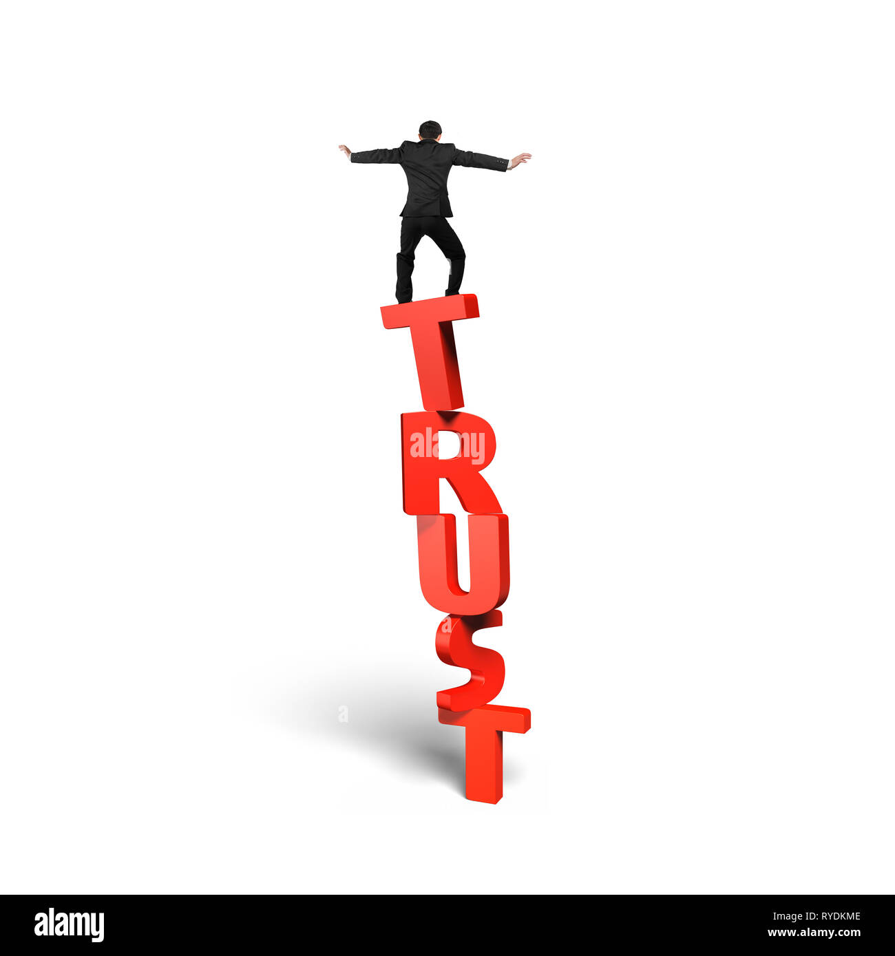 Man standing and balancing on red vertical trust word, isolated on ...