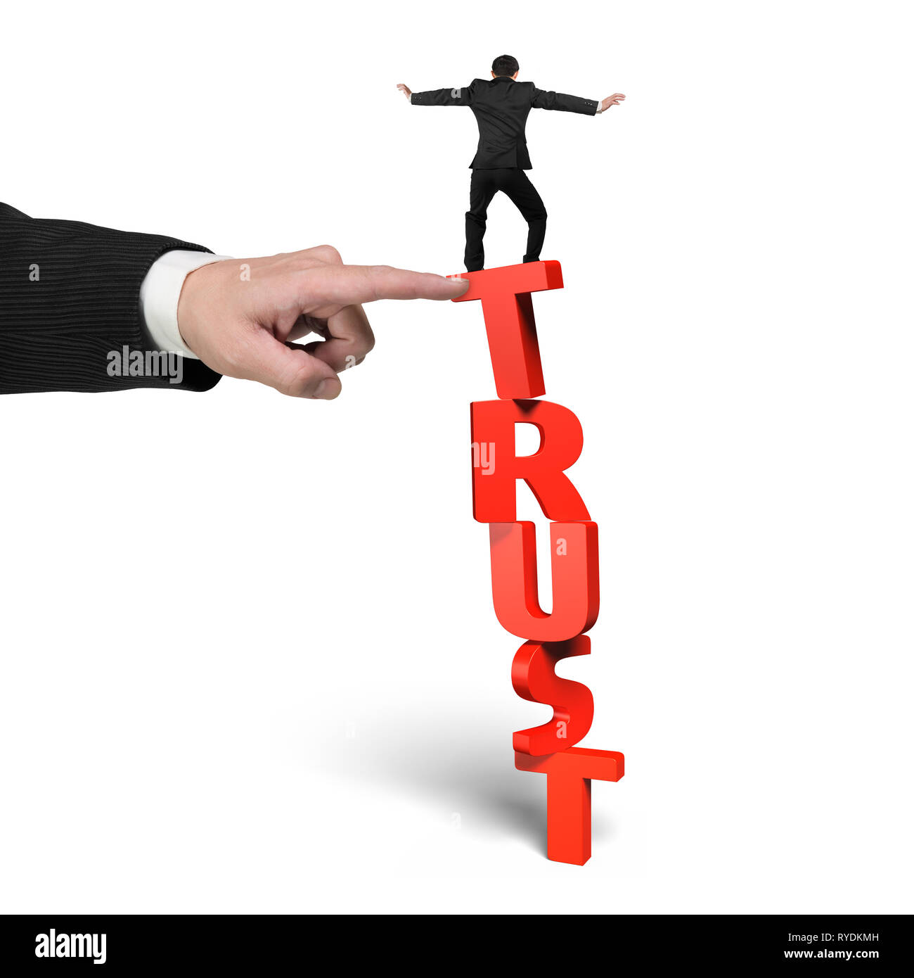 One man stopping red vertical trust word, with another big man's hand ...