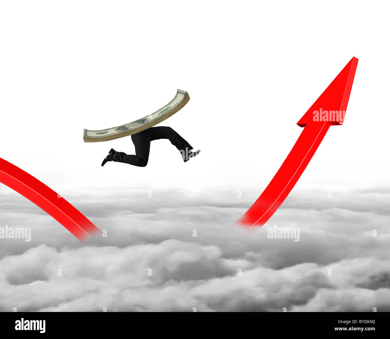 Money with human legs running on red arrow up graph, on sky cloudscape ...