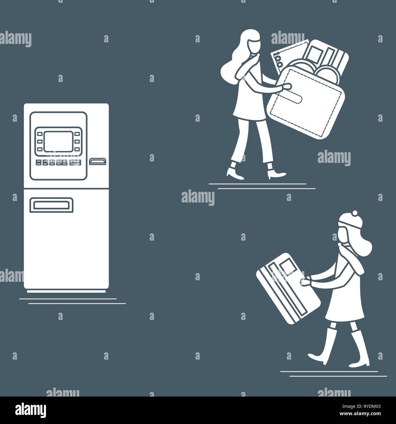 Vector illustration with two girls use ATM services. Bank card, wallet ...