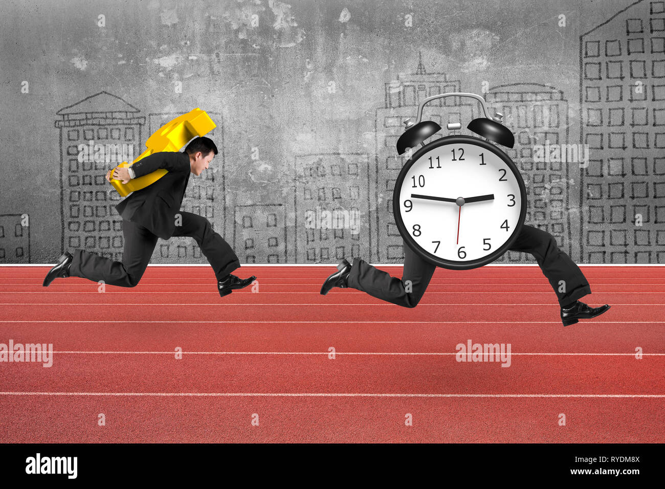 Man carrying dollar sign and running after alarm clock of running legs ...
