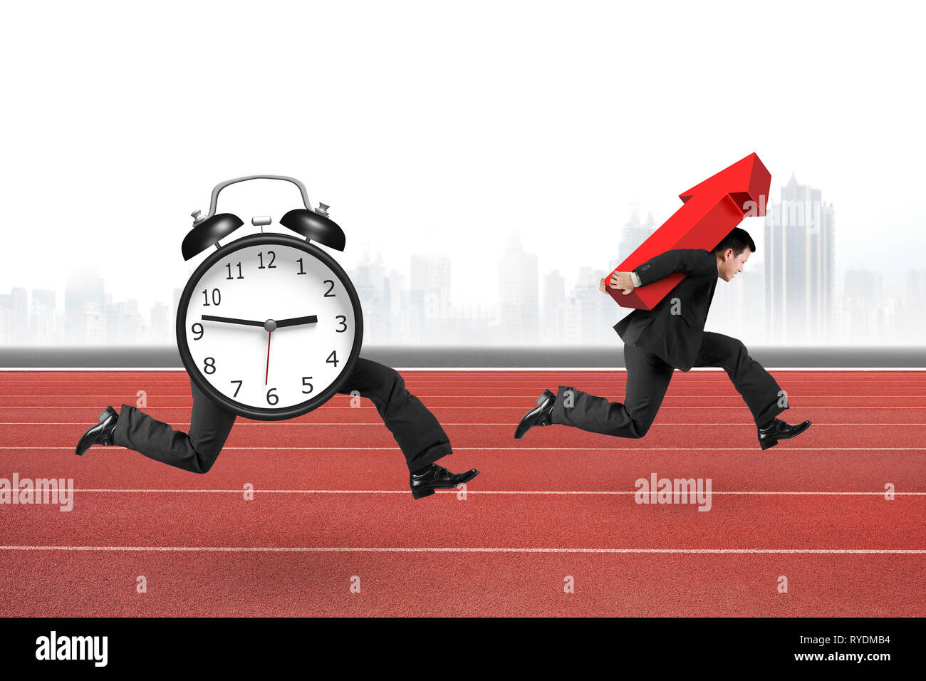 Alarm clock of running legs running after man carrying red arrow up, on ...