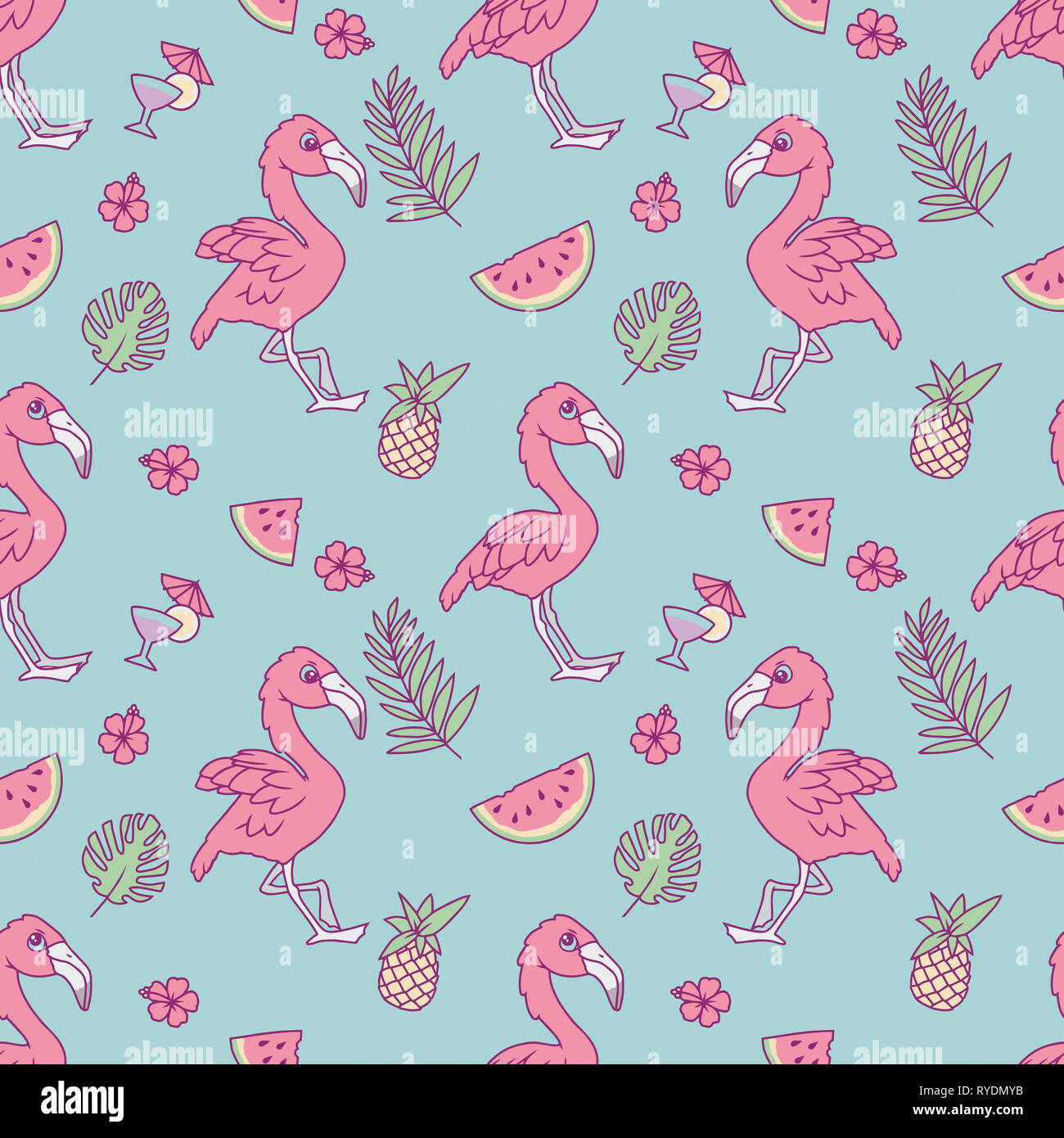 Cute seamless pattern with tropical cartoon flamingos, pineapple ...