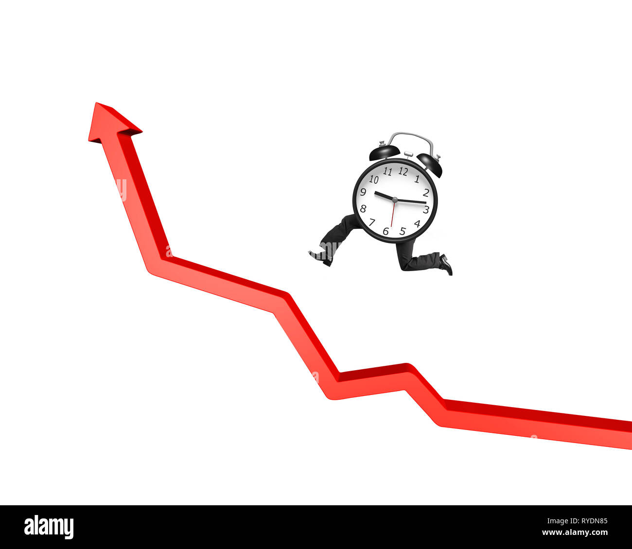 Alarm clock with human legs running on growing red arrow graph ...